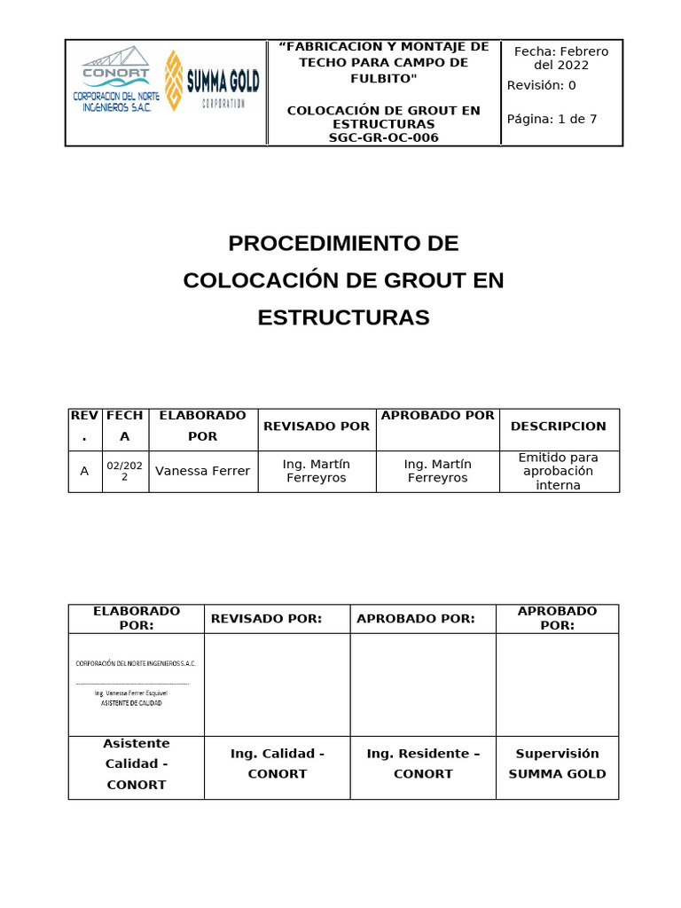 SGC-GR-OC-006. Procedimiento de Colocación de Grout en Estructuras. Rev ...