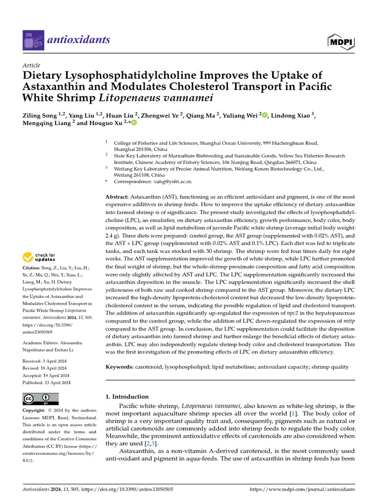 Lysophospholipids Cholesterol Shrimp | PDF | Antioxidant | Animal Feed