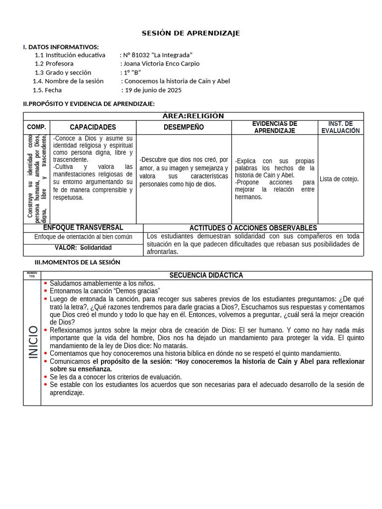 Sesion Conocemos La Historia de Cain y Abel | PDF | Envidia | Aprendizaje