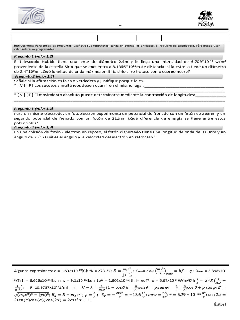 4to Parcial F3 2024-1 | PDF | Fotón | Electrón