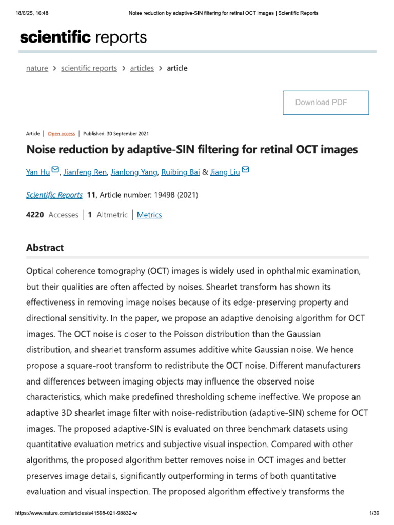 Noise Reduction by Adaptive-SIN Filtering For Retinal OCT Images | PDF