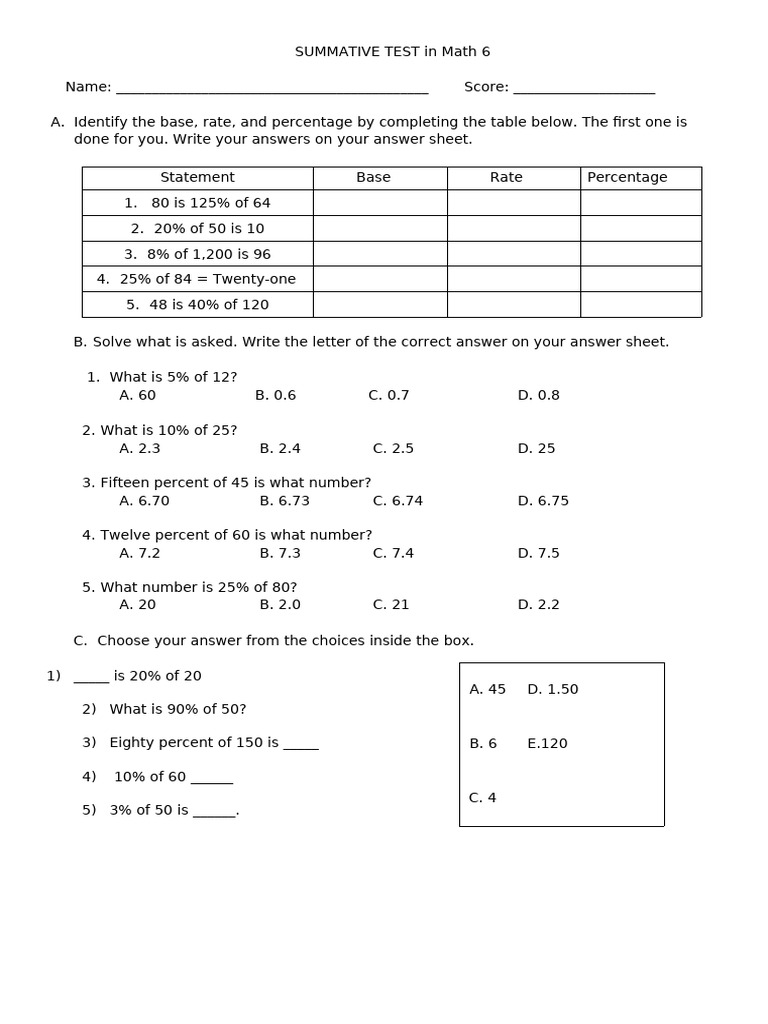 Math 6 Summative Test on Percentages | PDF