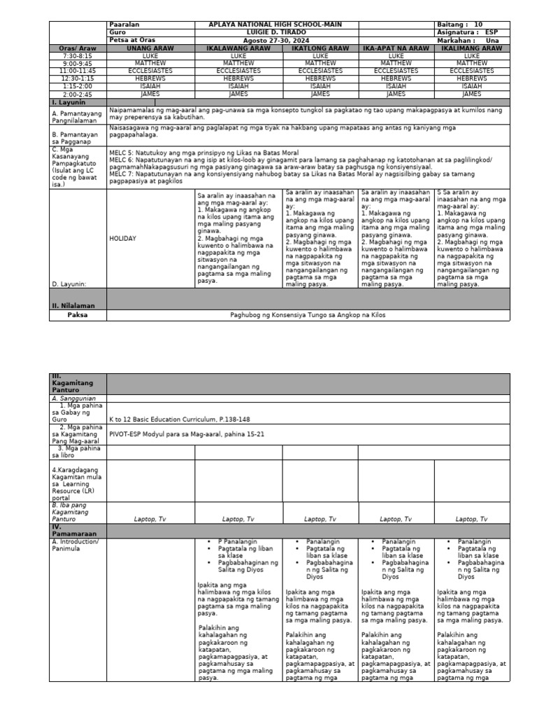 DLL EsP10 Q1 WEEK5 | PDF