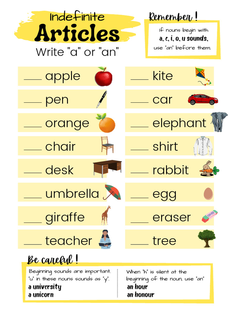Indefinite Articles: A and An Worksheet | PDF