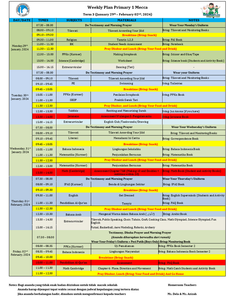 Weekly Plan 1 Mecca 29 Januari - 02 Februari 2024 | PDF
