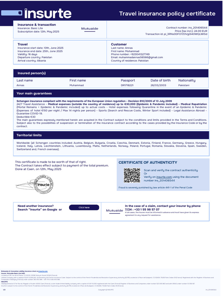 Mutuaide Basic Lite Travel Insurance Certificate | PDF | Insurance