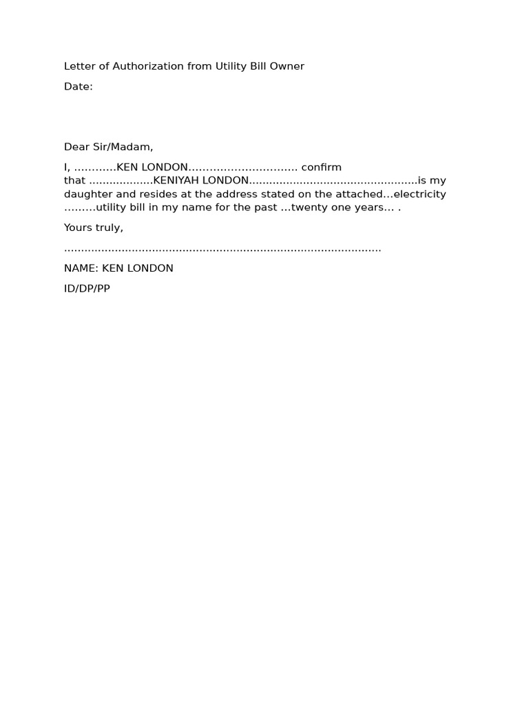 Letter of Authorization From Utility Bill Owner For Keniyah | PDF
