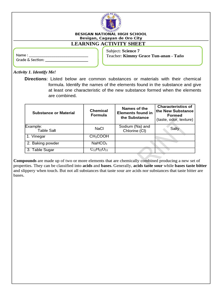 Science Activity Sheet for 7th Grade | PDF