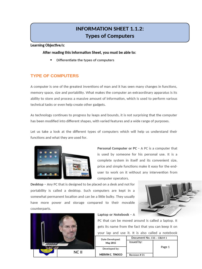 Lesson 1.1.2 Types of Computer | PDF | Laptop | Desktop Computer
