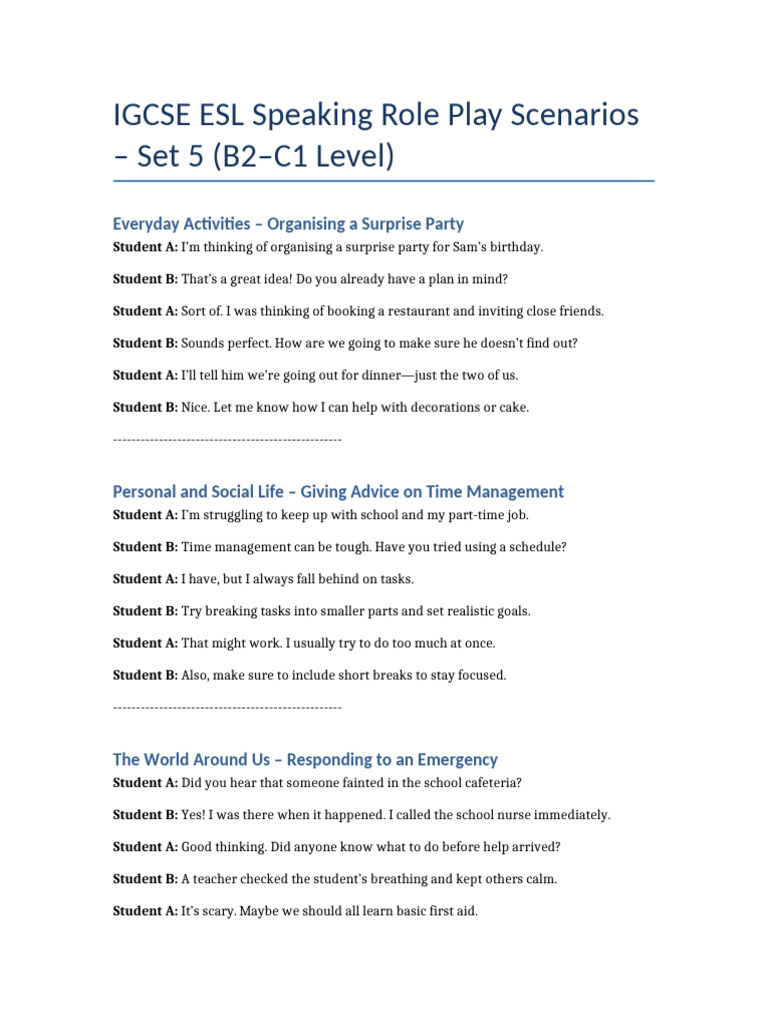 IGCSE ESL Role Play Scenarios Set 5 | PDF