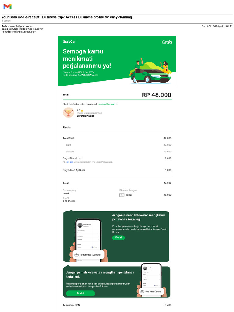 Gmail - Your Grab Ride E-Receipt - Business Trip - Access Business ...