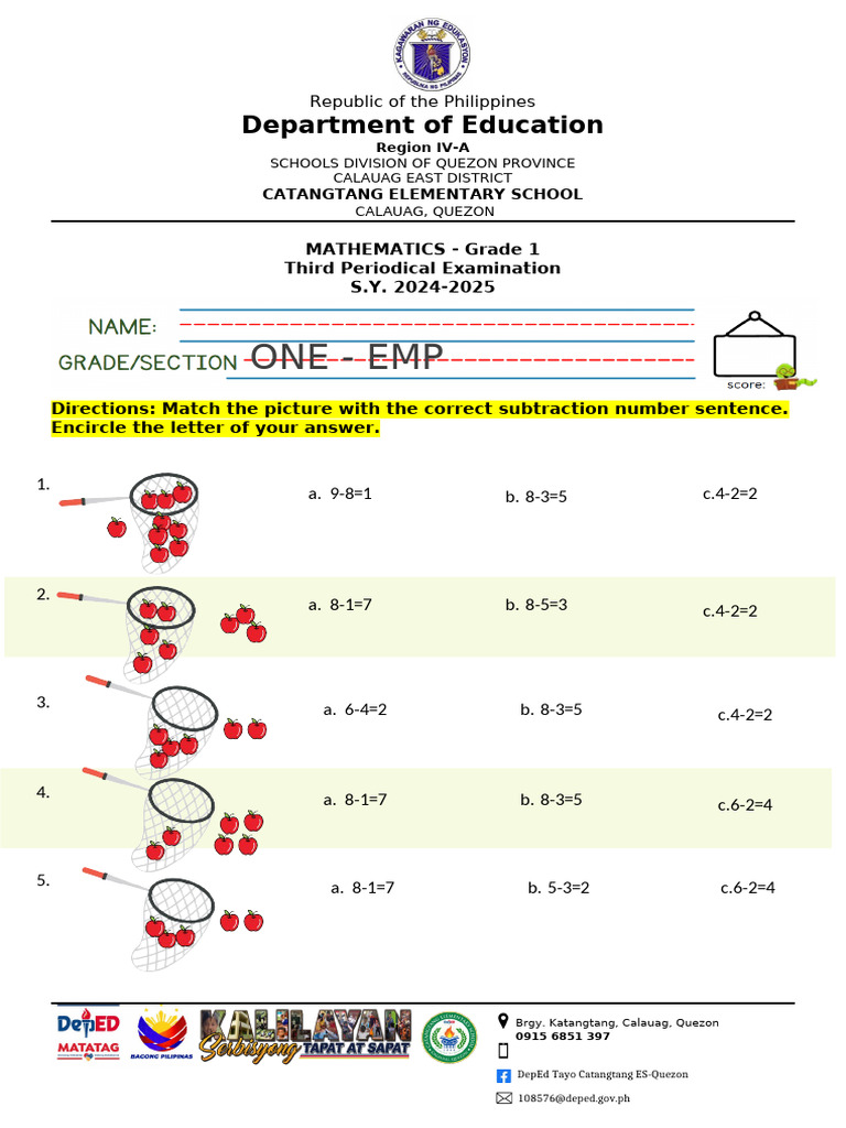 3rd Quarter Exam Mathematics Grade 1 A4 Version Pdf Chess