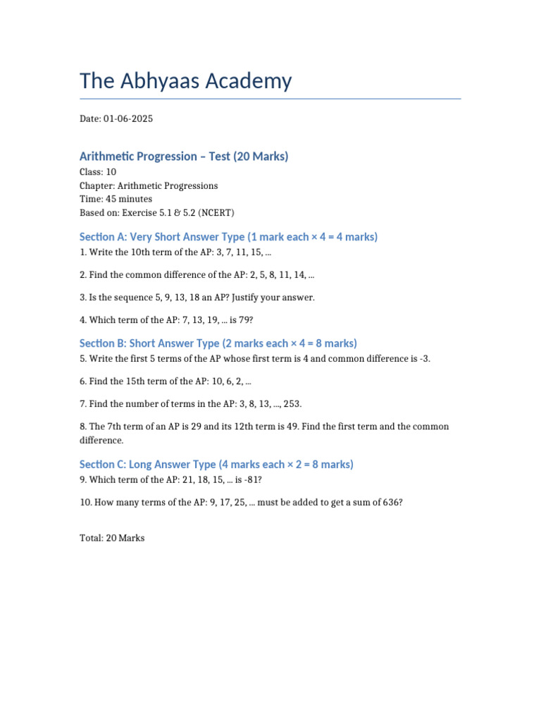 AP Test Class10 AbhyaasAcademy | PDF