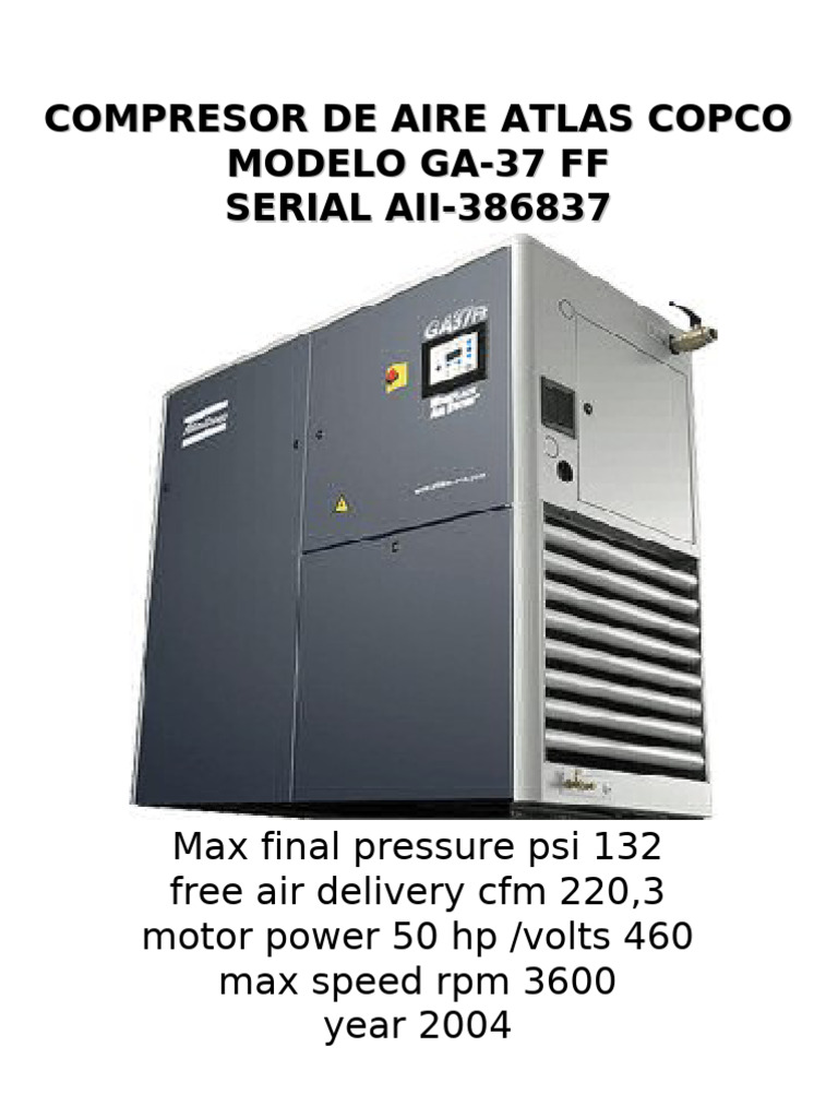 Compresor Atlas Copco GA-37 FF Ficha Técnica | PDF