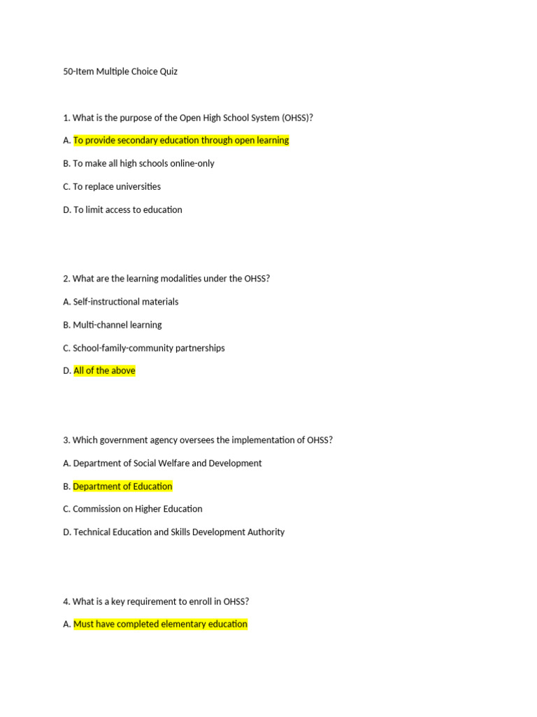 Open High School System Quiz Guide | PDF | Disability | Secondary Education