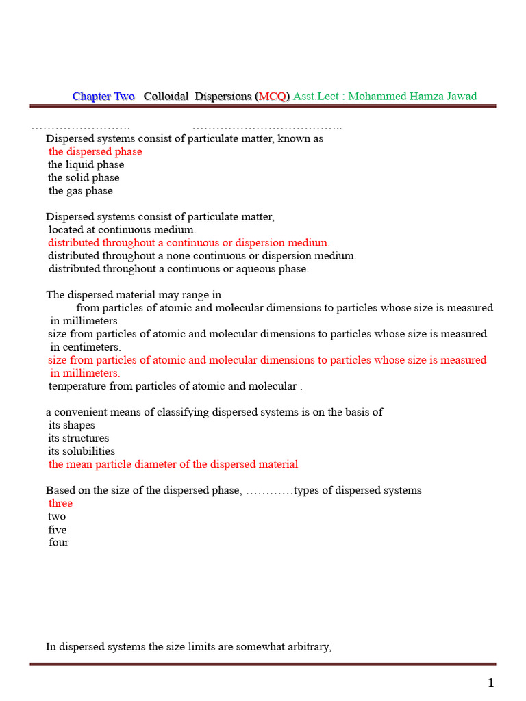 MCQ Colloidal Dispersions | PDF | Colloid | Diffusion