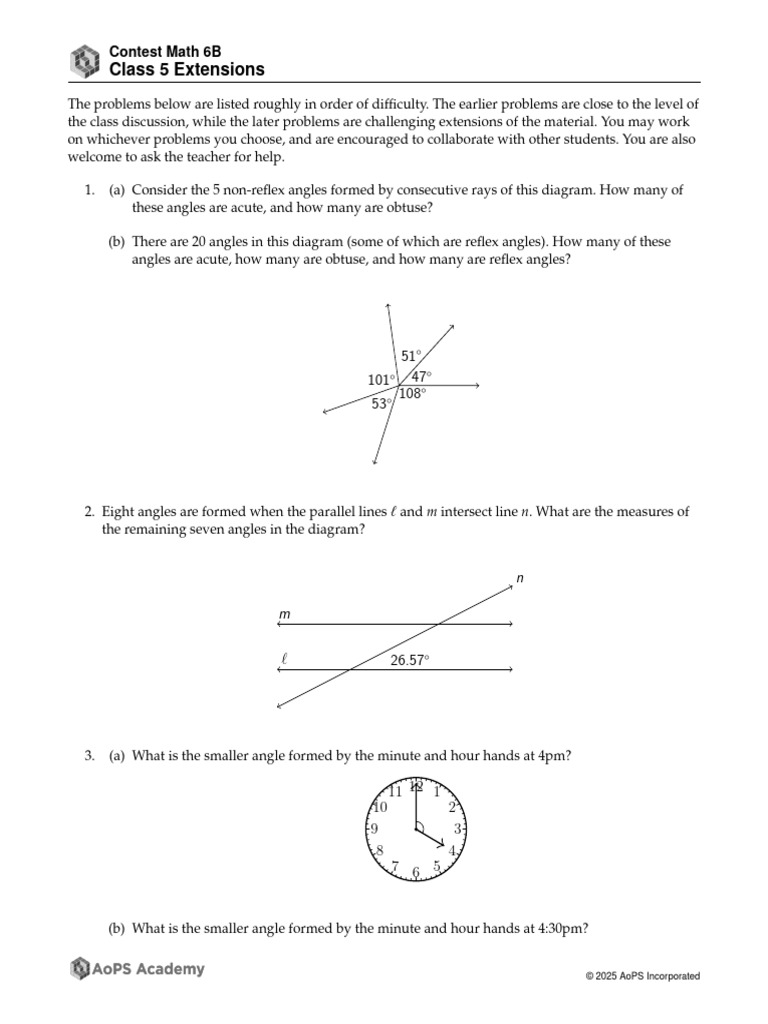 Class 5 Extensions: Contest Math 6B | PDF | Angle | Elementary Geometry