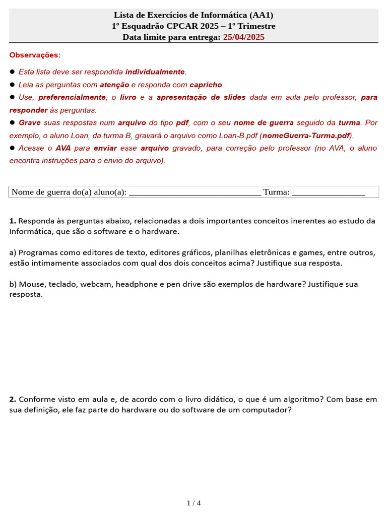 Lista Exerc Info Trim1 CPCAR 2025 | PDF | Algoritmos | Hardware de computador