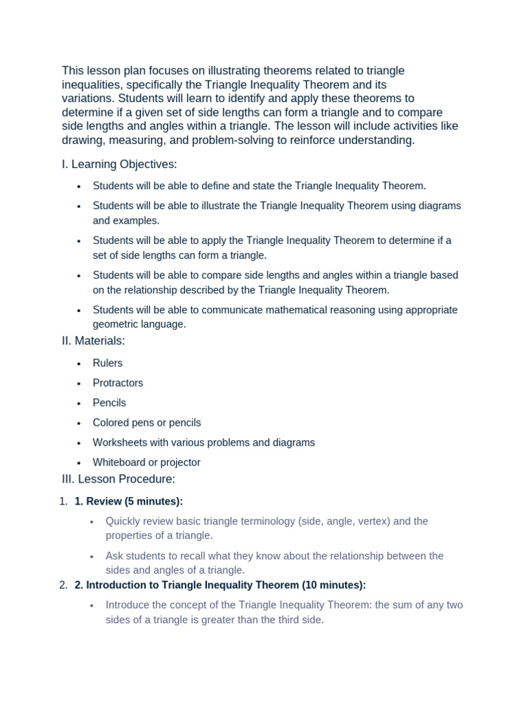 This Lesson Plan Focuses On Illustrating Theorems Related To Triangle ...