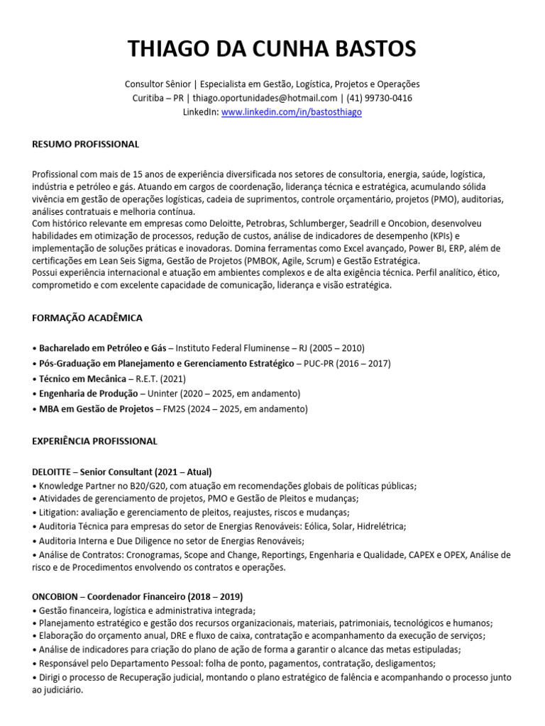 Curriculo Thiago Bastos 2025 | PDF | Logística | Planejamento estratégico