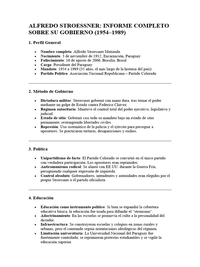 Gobierno de Stroessner en Paraguay (1954-1989) | PDF | Paraguay | Dictadura
