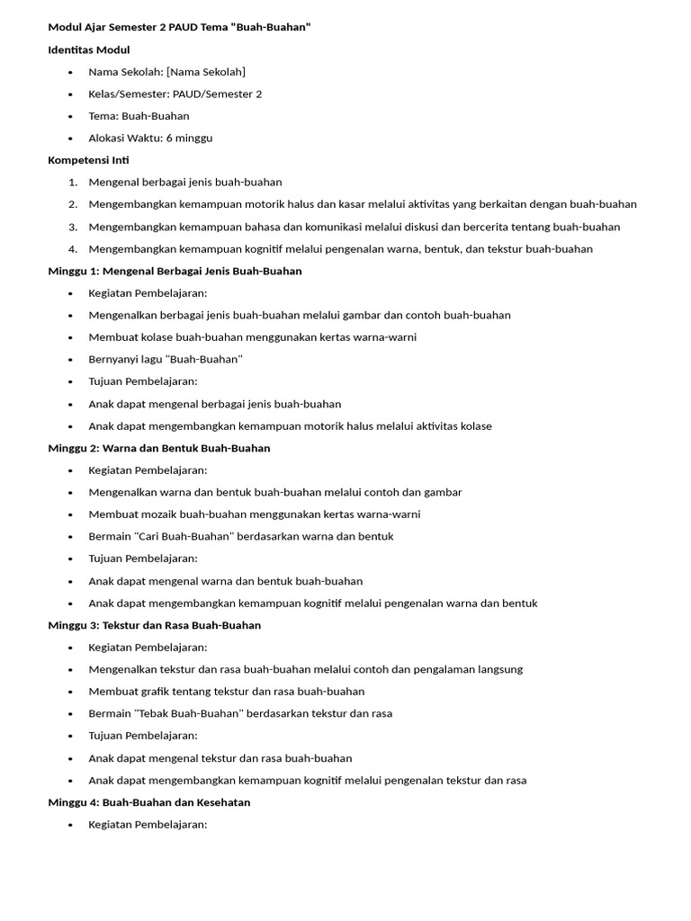 Modul Ajar PAUD: Tema Buah-Buahan | PDF