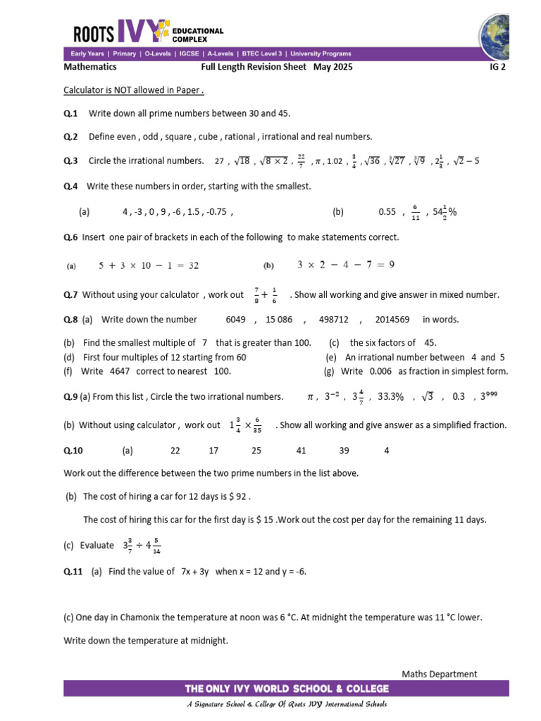 Maths IG 2 Revision Sheet May 2025-1 | PDF | Numbers | Equations