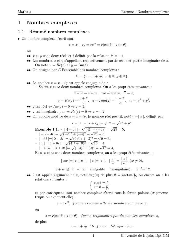 Résumé des Nombres Complexes | PDF | Nombre complexe | Analyse complexe