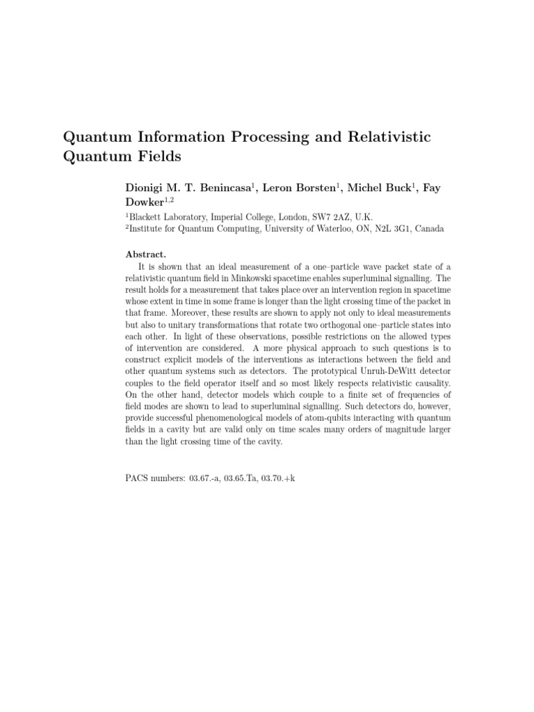 Quantum Information Processing and Relativistic Quantum Fields | PDF | Special Relativity ...