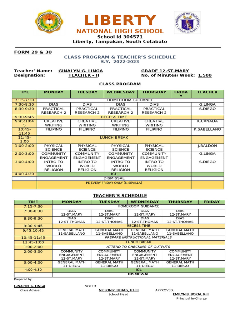 Class Program and Teachers Schedule | PDF | Schools
