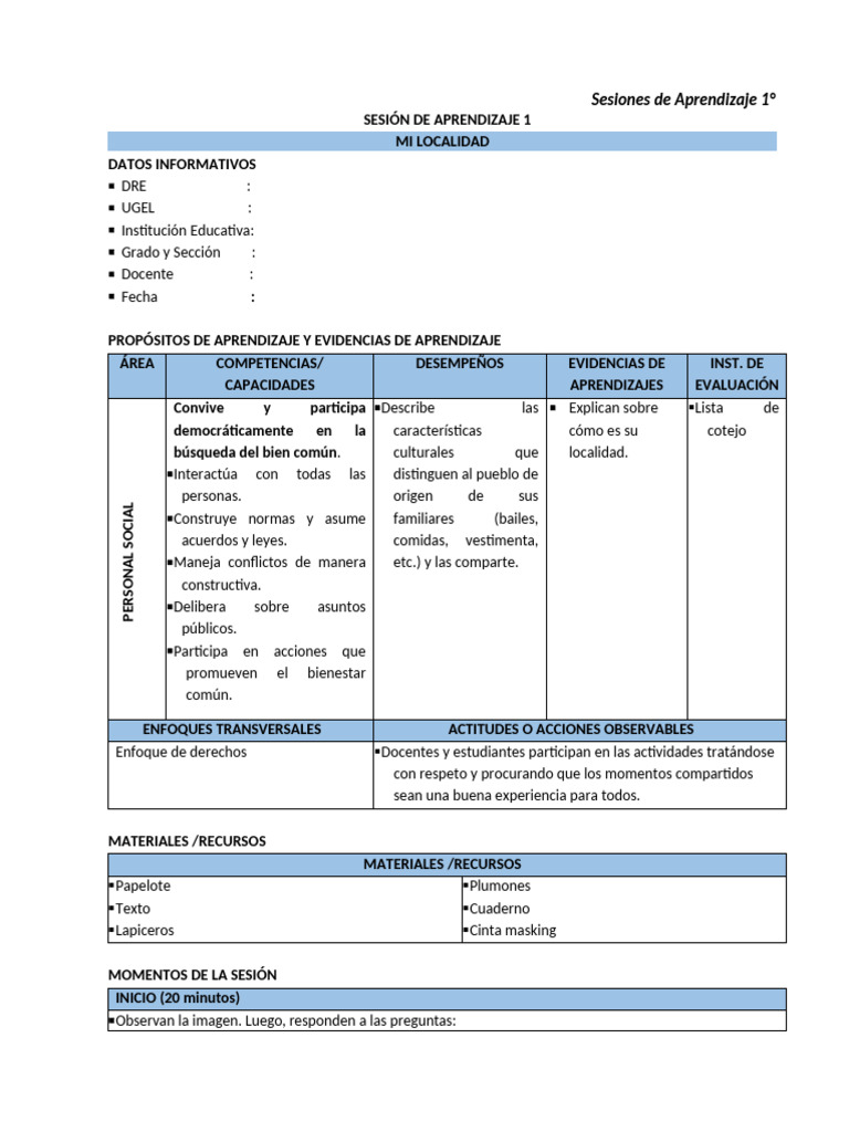 Sesiones de Aprendizaje 1° | PDF | Aprendizaje | Evaluación