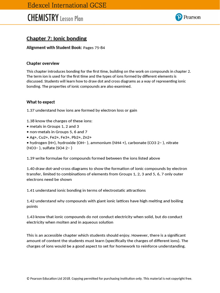 IGCSE Chem Lesson Plan 7 Ionic | PDF | Ion | Chemical Compounds