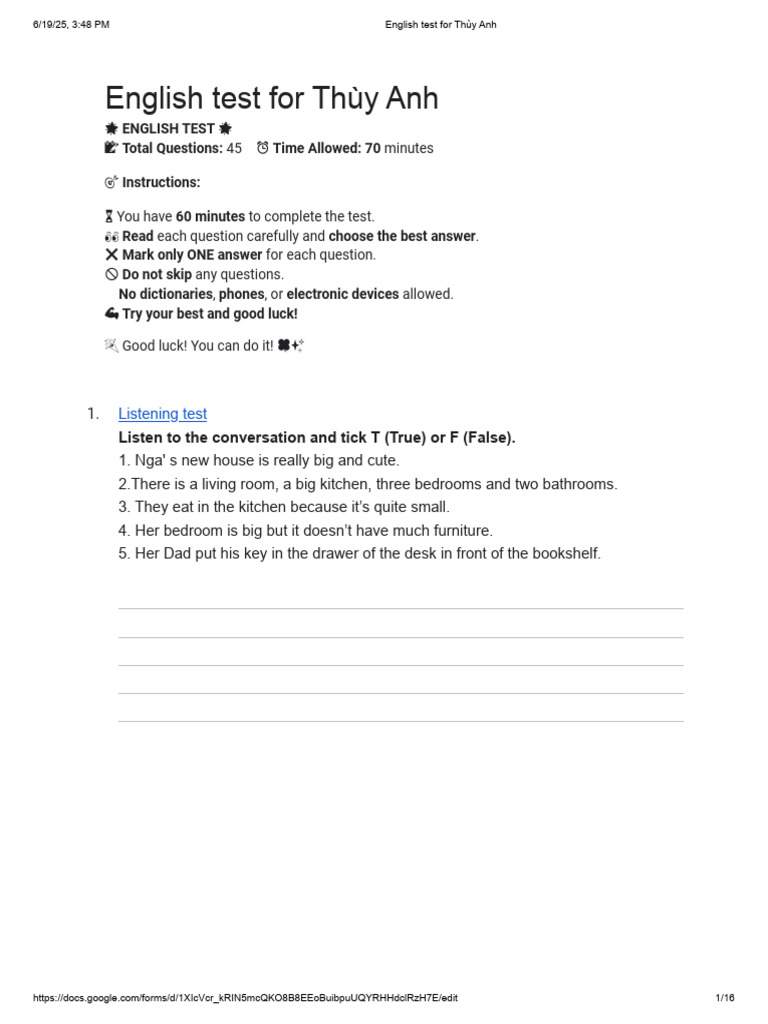 English Test for Thùy Anh | PDF