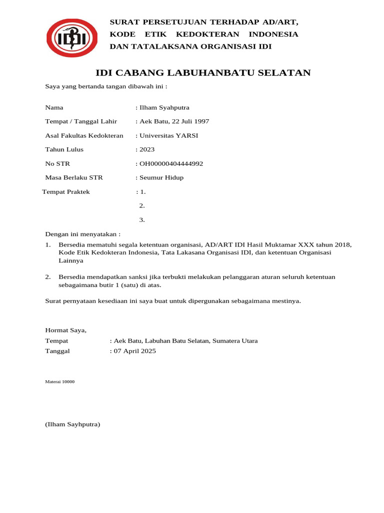 Surat Pernyataan AD ART IDI Ok | PDF