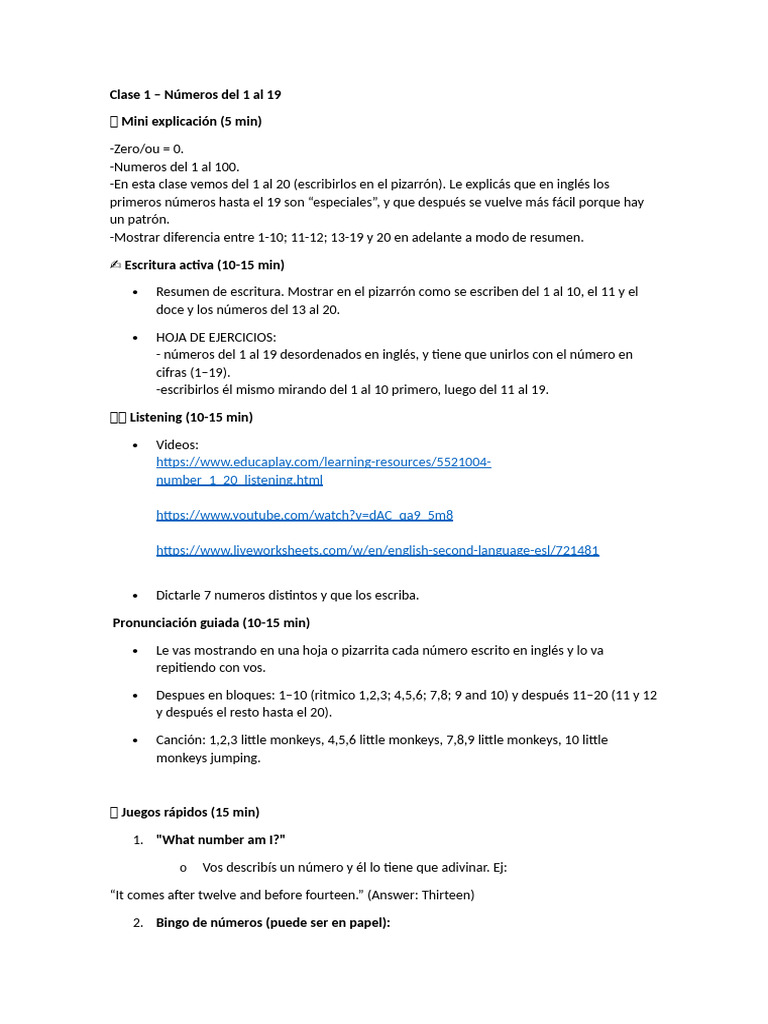 Números en inglés: del 1 al 19 | PDF