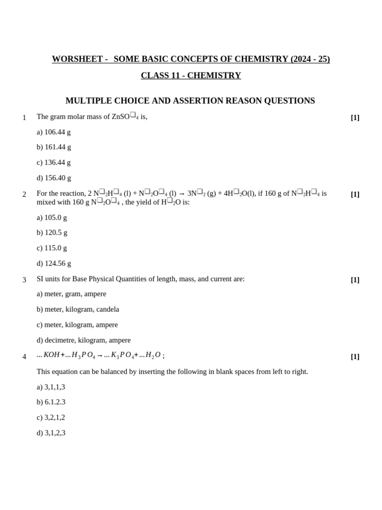 1723189605582.class 11 CH 1 Worksheet | PDF | Mole (Unit) | Physical Quantities