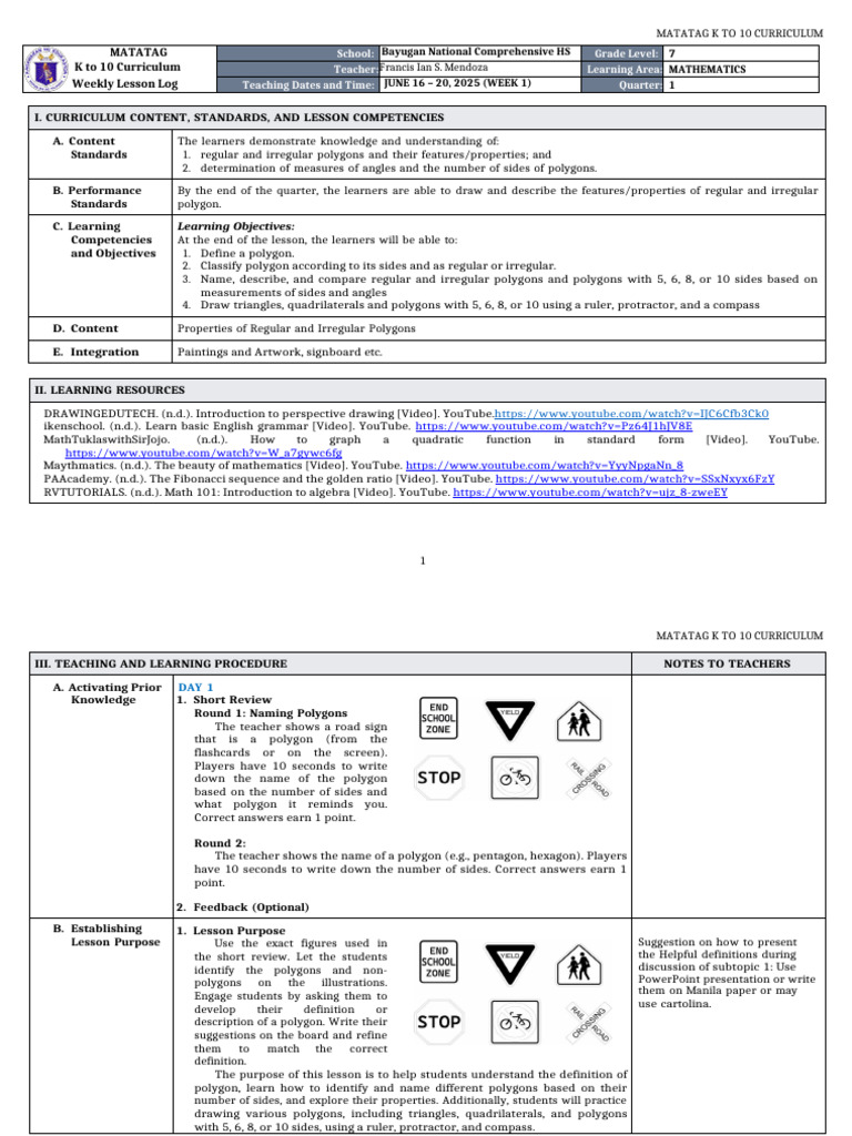 DLL Matatag - Mathematics 7 q1 w1 | PDF | Polygon | Circle