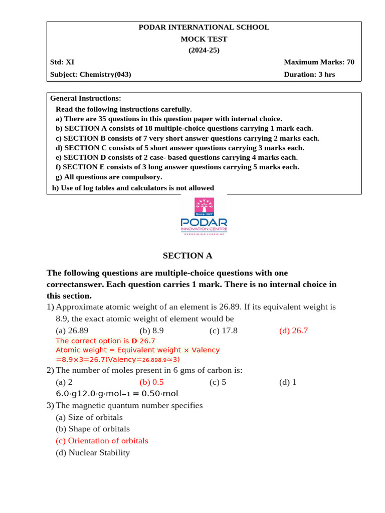 1725610443972.mock Test With Solution | PDF | Periodic Table | Electron ...