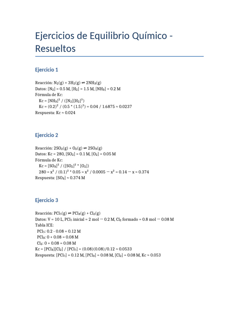 Ejercicios Equilibrio Quimico Resueltos | PDF