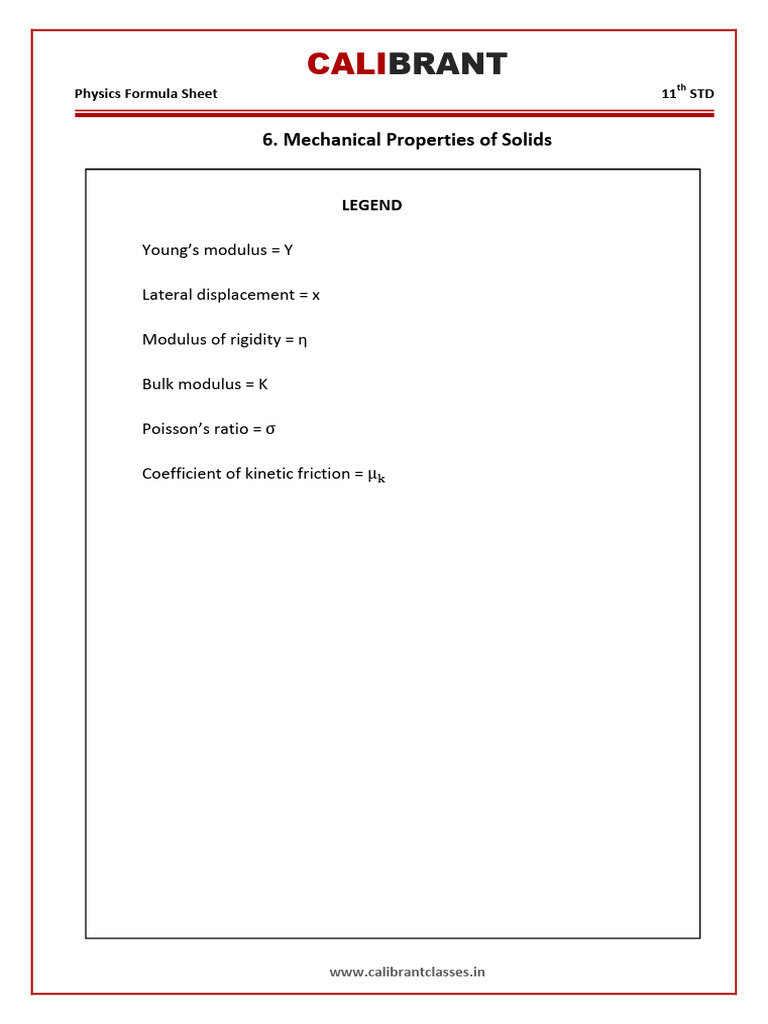Mechanical Properties of Solids Formulas | PDF | Young's Modulus ...