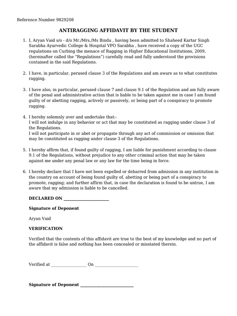 Anti Ragging Affidavit Form | PDF | Affidavit