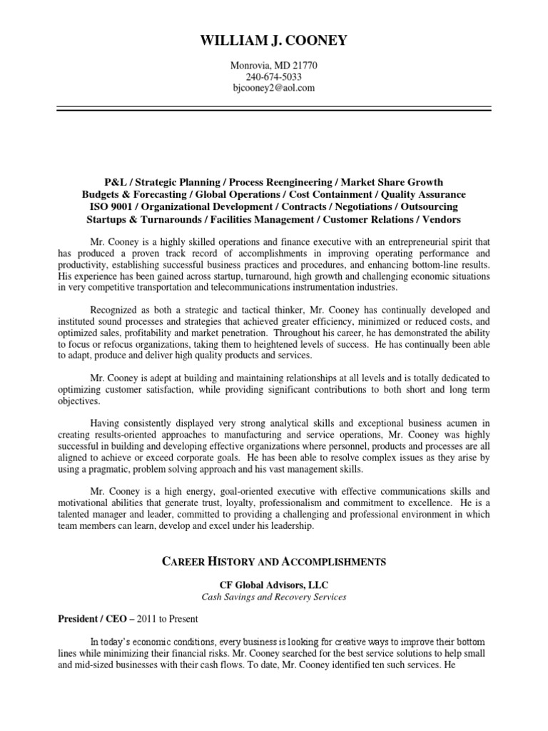 President CEO Chief Executive Officer in Washington DC Resume William ...