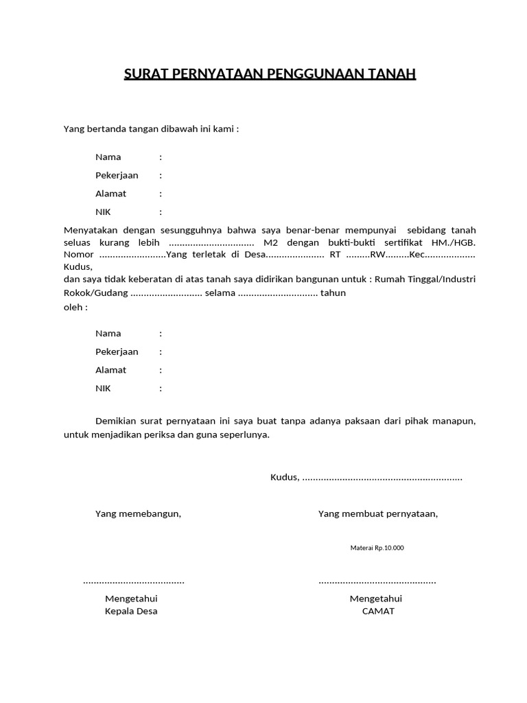 Surat Pernyataan Penggunaan Tanah | PDF