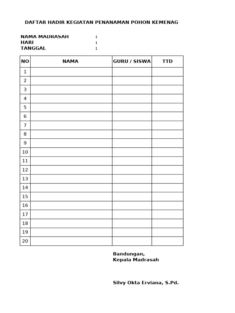 Daftar Hadir Penanaman Pohon Kemenag | PDF