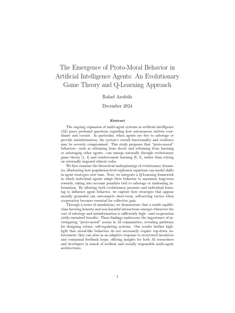 The Emergence of Proto Moral Behavior in Artificial Intelligence Agents ...
