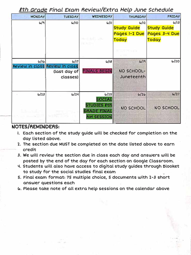 8th Grade Final Exam Calendar | PDF