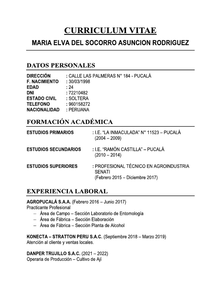 CV - Maria Elva Del Socorro Asuncion Rodriguez | PDF