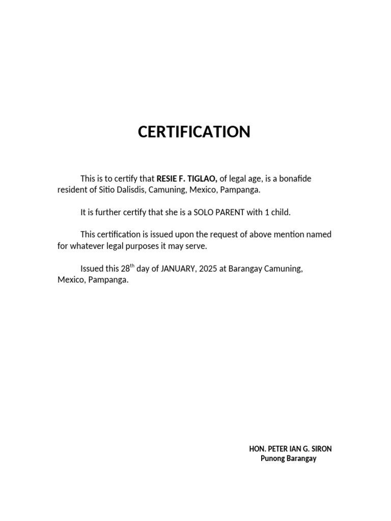 Certificate of Solo Parent | PDF