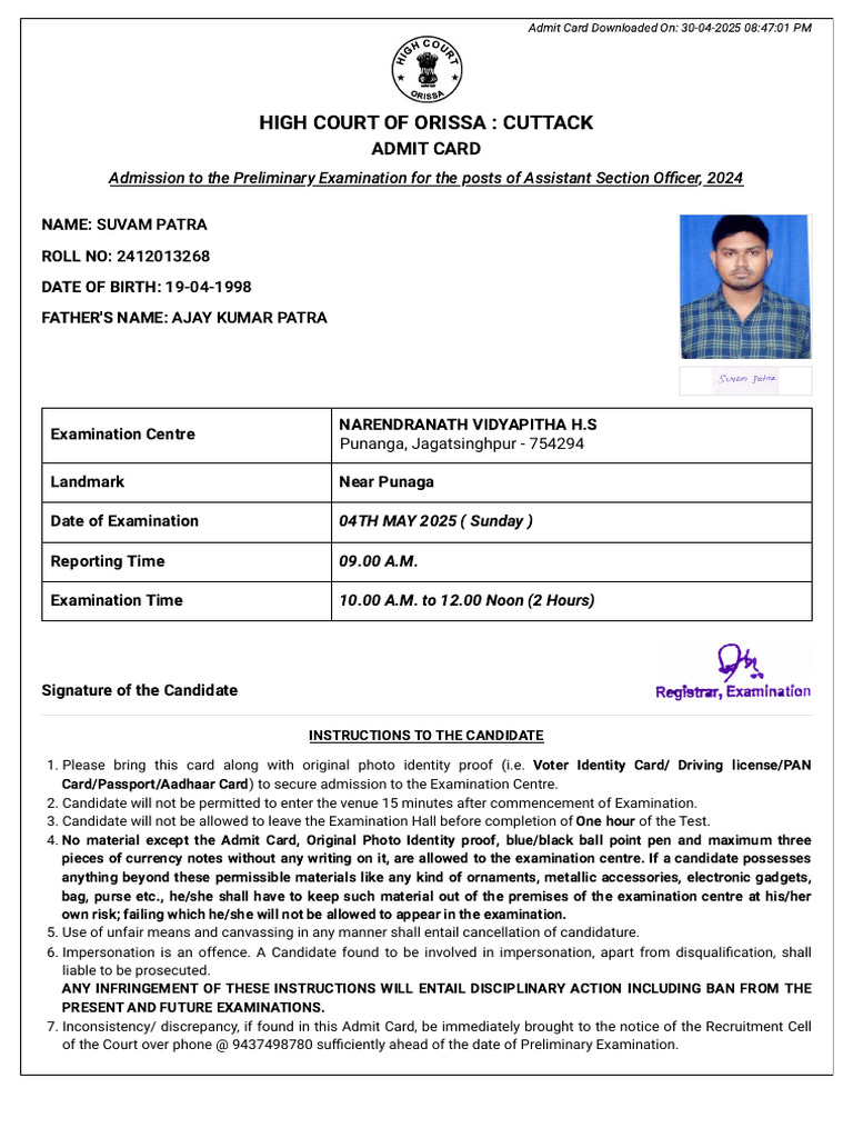 OHC ASO 2024 Admit Card (2412013268) | PDF