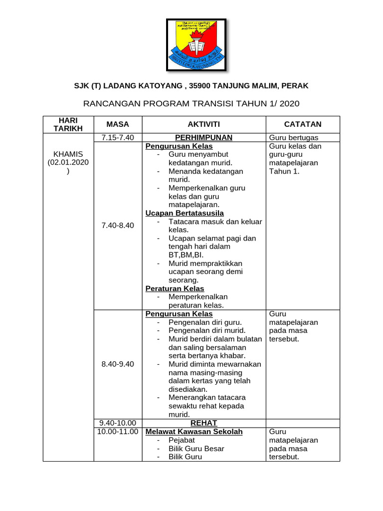 Rancangan Program Transisi Tahun 1/ 2020: SJK (T) Ladang Katoyang, 35900 Tanjung Malim, Perak | PDF